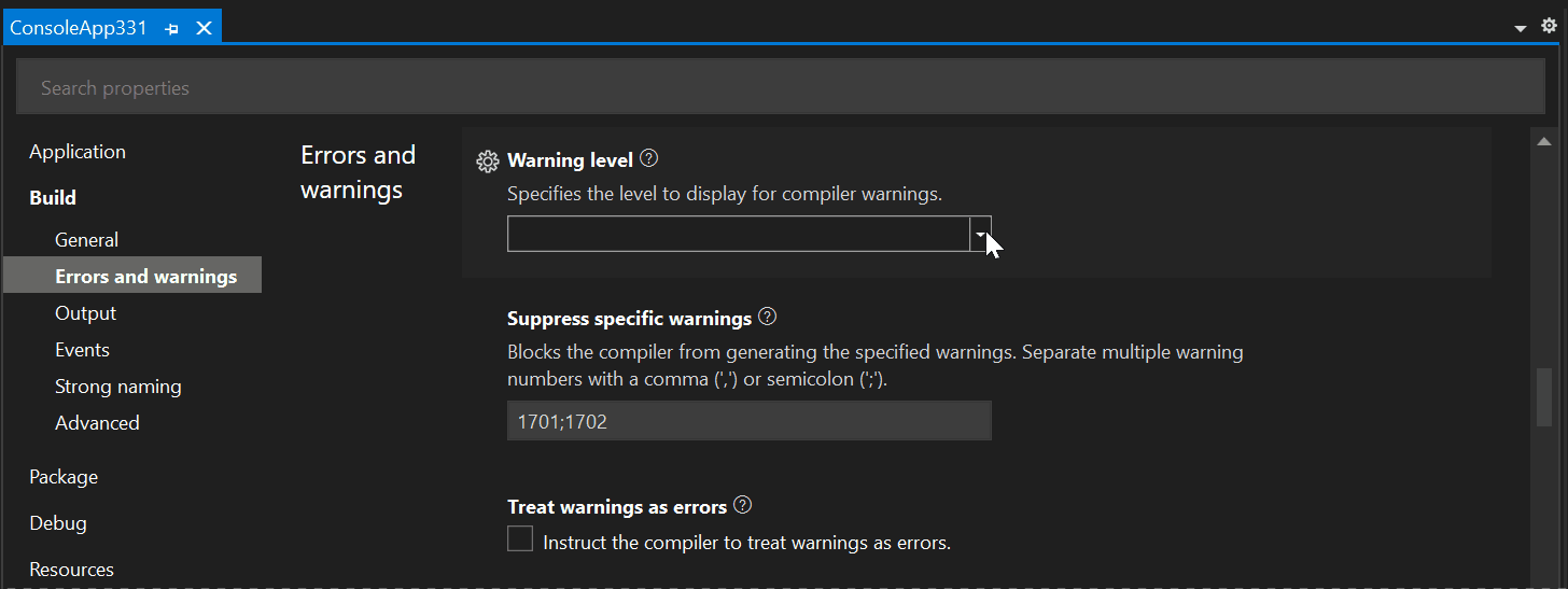Warning Level property not displaying property for .NET 5+ projects · Issue #7520 · dotnet ...