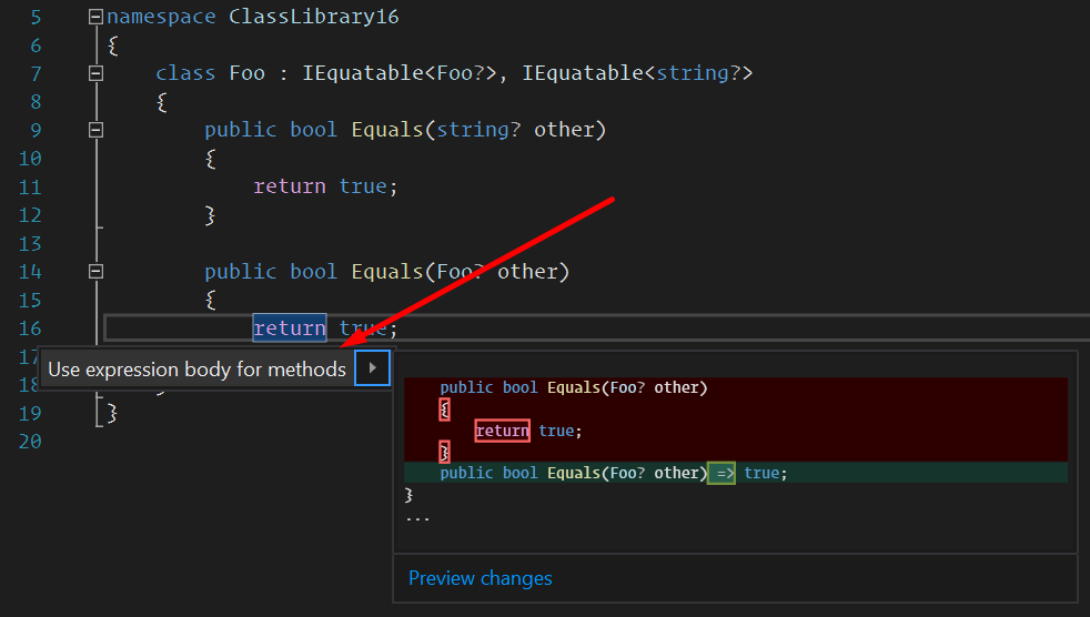 Refactoring Use Expression Body For Methods Suggests It Applies To Multiple Methods · Issue