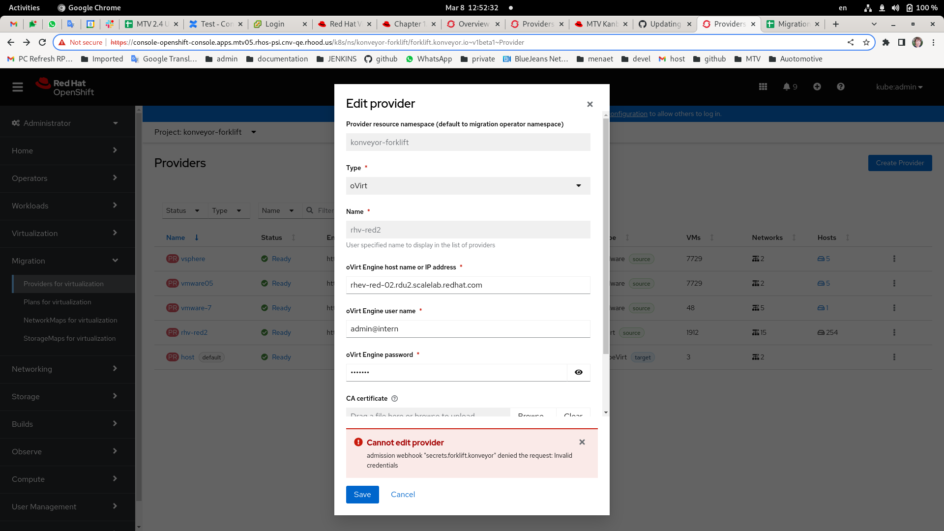 Updating an existent Provider is stuck in 'Staging' status forever · Issue #181 · kubev2v ...