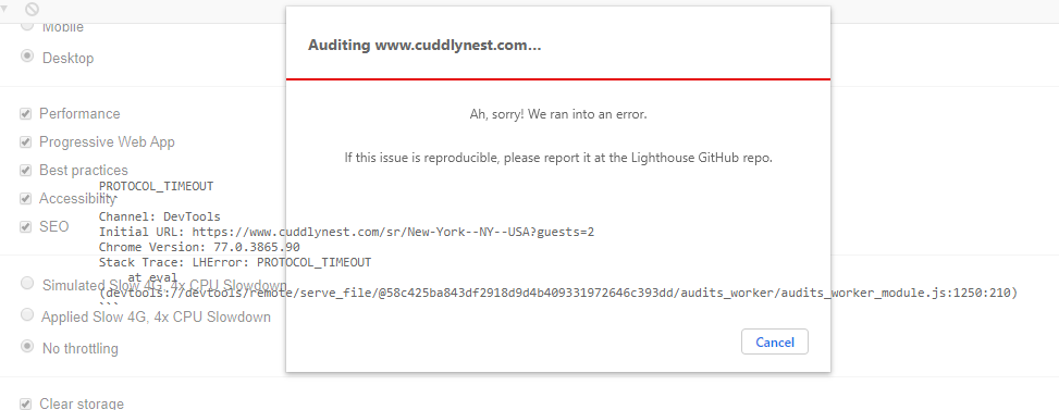PROTOCOL_TIMEOUT error · Issue #9736 · GoogleChrome/lighthouse · GitHub