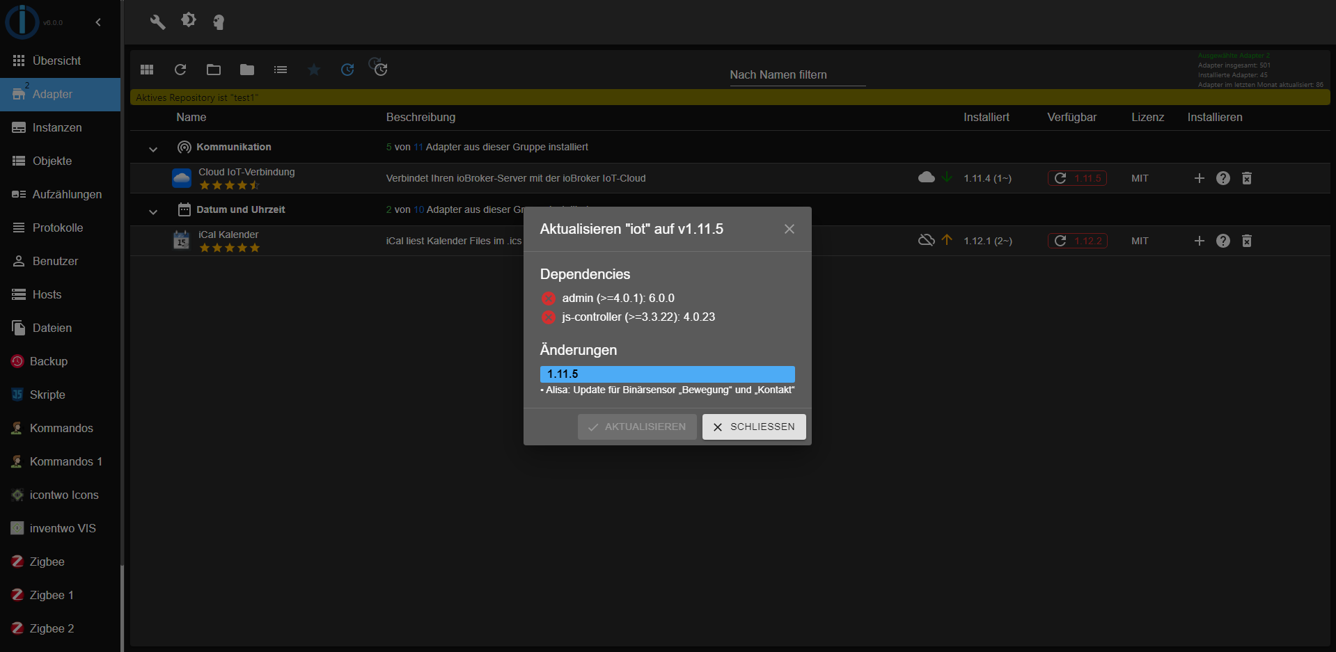 Admin 6: Update dependency checks broken · Issue #1490 · ioBroker/ioBroker.admin · GitHub