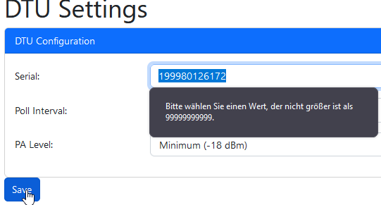 Unable to save DTU-Settings with auto-generated serial# · Issue #268 · tbnobody/OpenDTU · GitHub