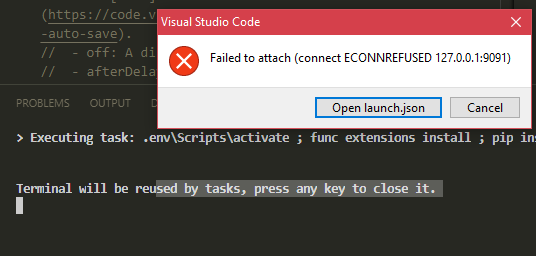 Python functions, task runFunctionsHost windows command only work with ...
