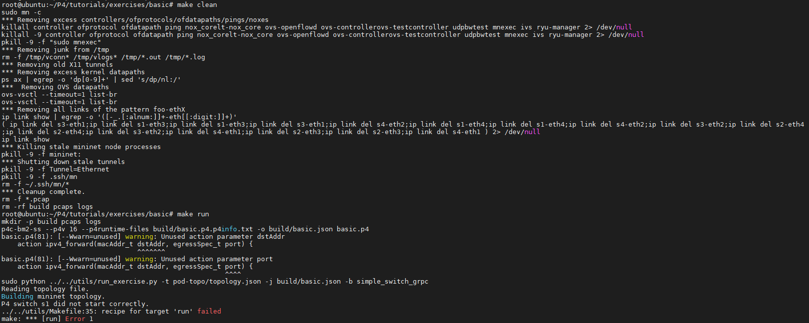 basic run "make run" error "P4 switch s1 did not start correctly." · Issue #394 · p4lang ...