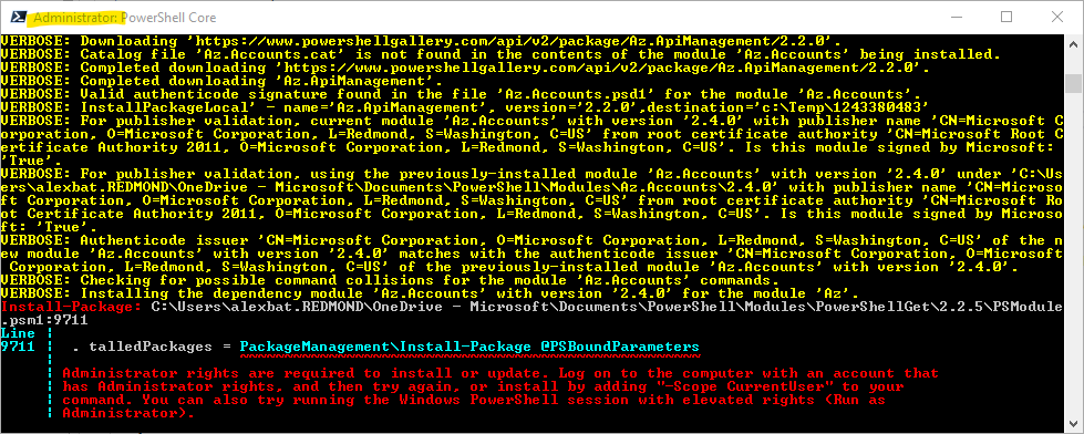 Cannot install module under Administrator: Administrator rights are required to install or ...