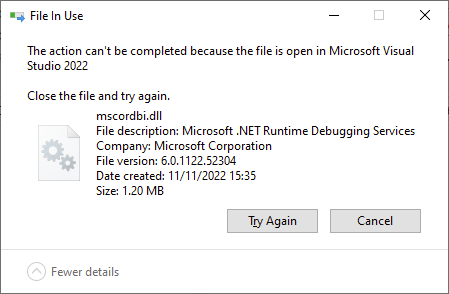 Debugging a self-contained app locks its mscordbi.dll · Issue #3081 · dotnet/diagnostics · GitHub