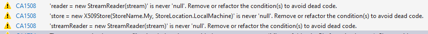 CA1508 (Avoid Dead Conditional Code) using statement with previous instantiation gives false ...