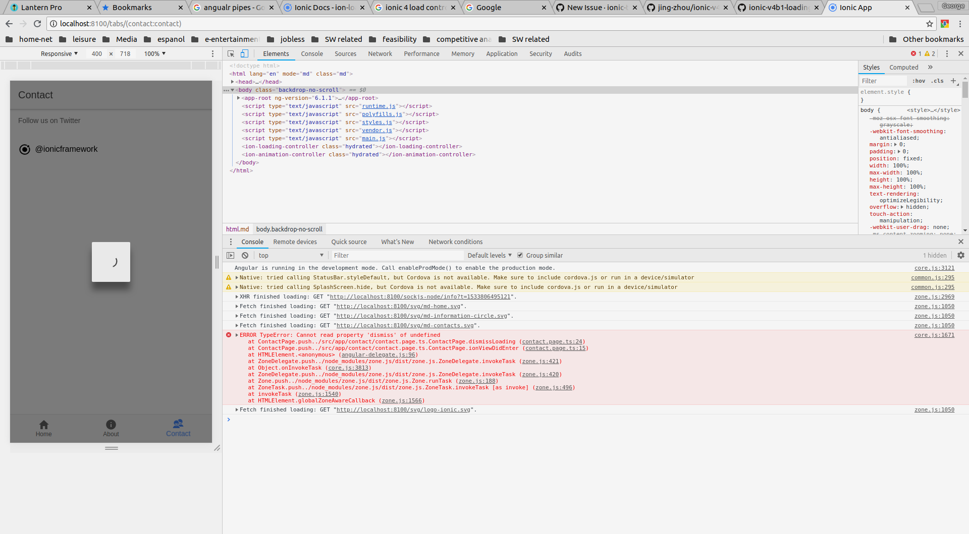 ionic v4.0.0-beta.1 overlay component loading.dismiss() does not work · Issue #15109 · ionic ...