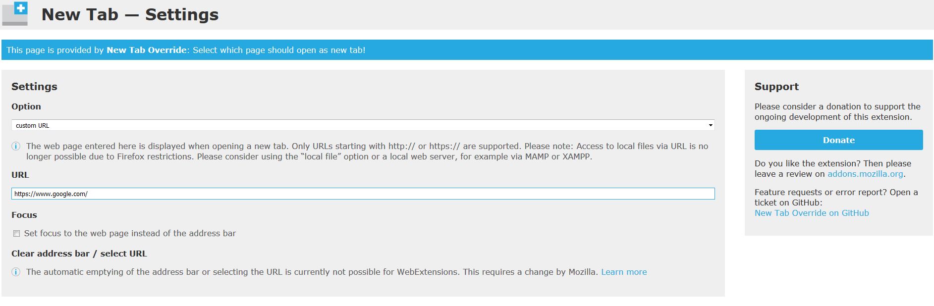 New Tab Override - Can't make it work FF 57.0.4 · Issue #117 · cadeyrn/newtaboverride · GitHub