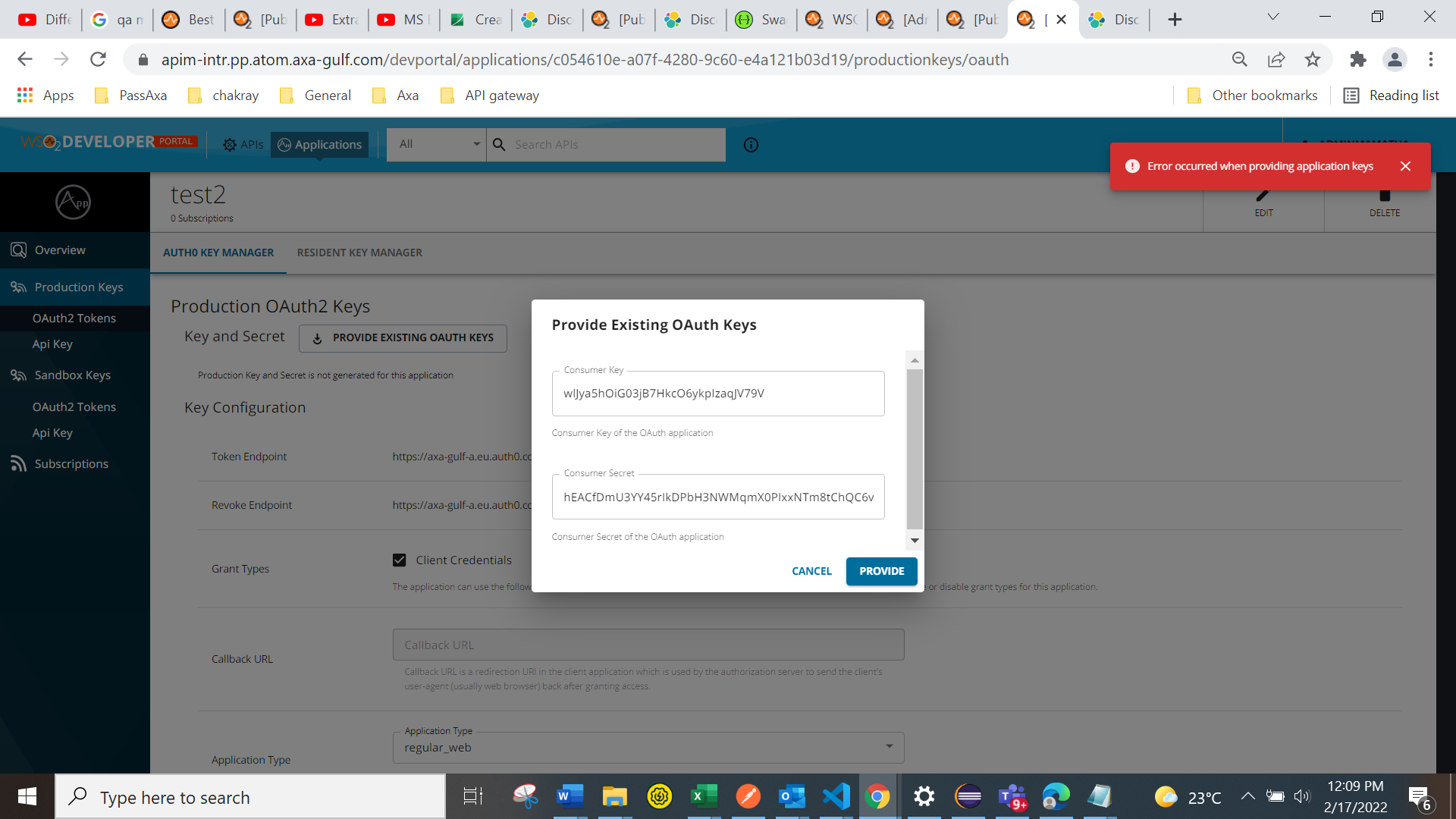 Change the general error message when configuring existing consumer keys when creating Out of ...