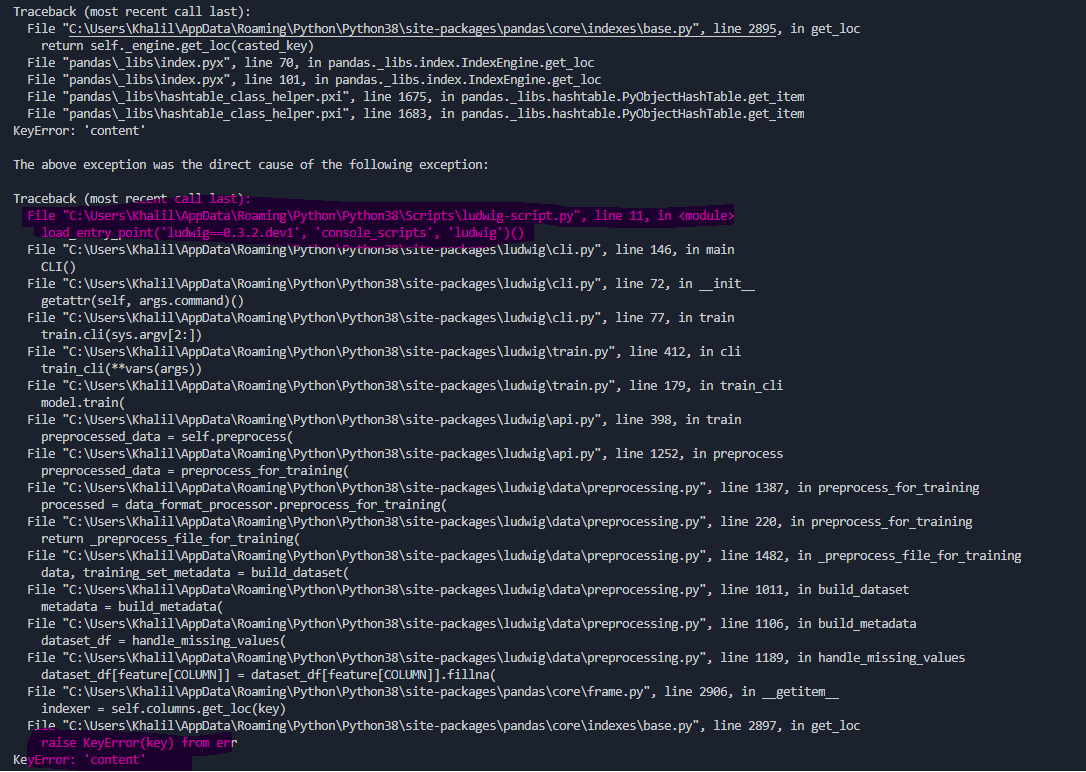Ludwig train NOT executing. Ludwig0.3.2-dev1 KeyError: 'content' · Issue #1065 · ludwig-ai ...