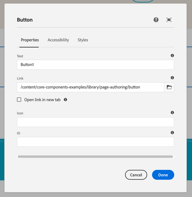 Link can't be created using button component · Issue #2222 · adobe/aem-core-wcm-components · GitHub