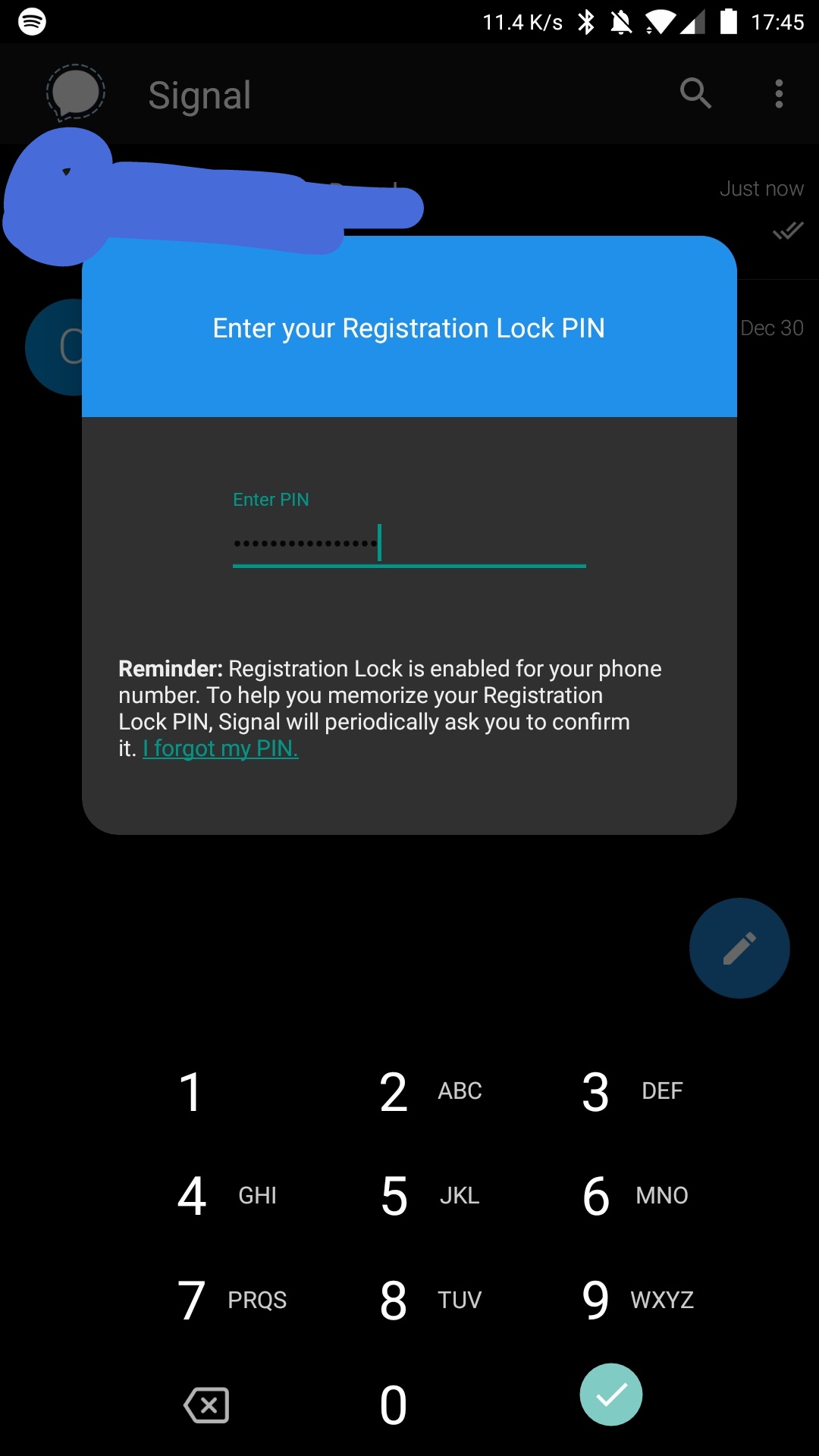 Registration lock reminder has black input field · Issue #7509 · signalapp/Signal-Android · GitHub