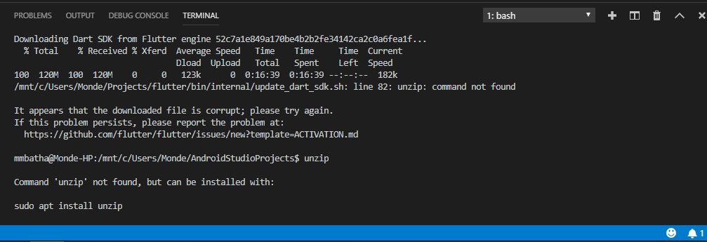 Downloading Dart SDK issue, curl: (18) transfer closed with 47657195 ...