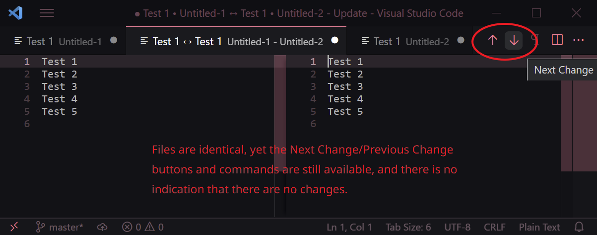 Disable the Compare editor 'Next/Previous Change' buttons if there are no differences · Issue ...