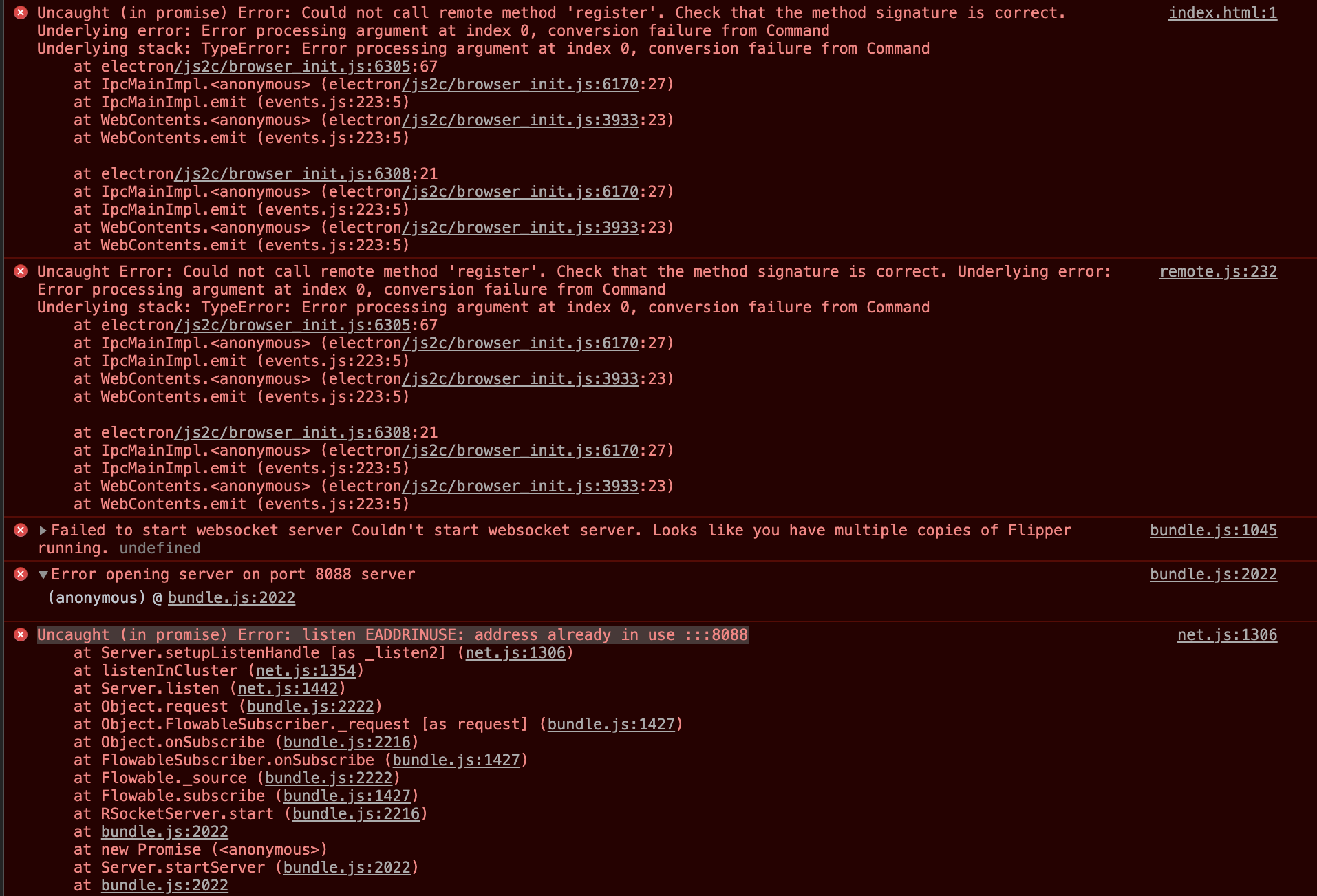 Failed to start websocket server Couldn't start websocket server. Looks like you have multiple ...