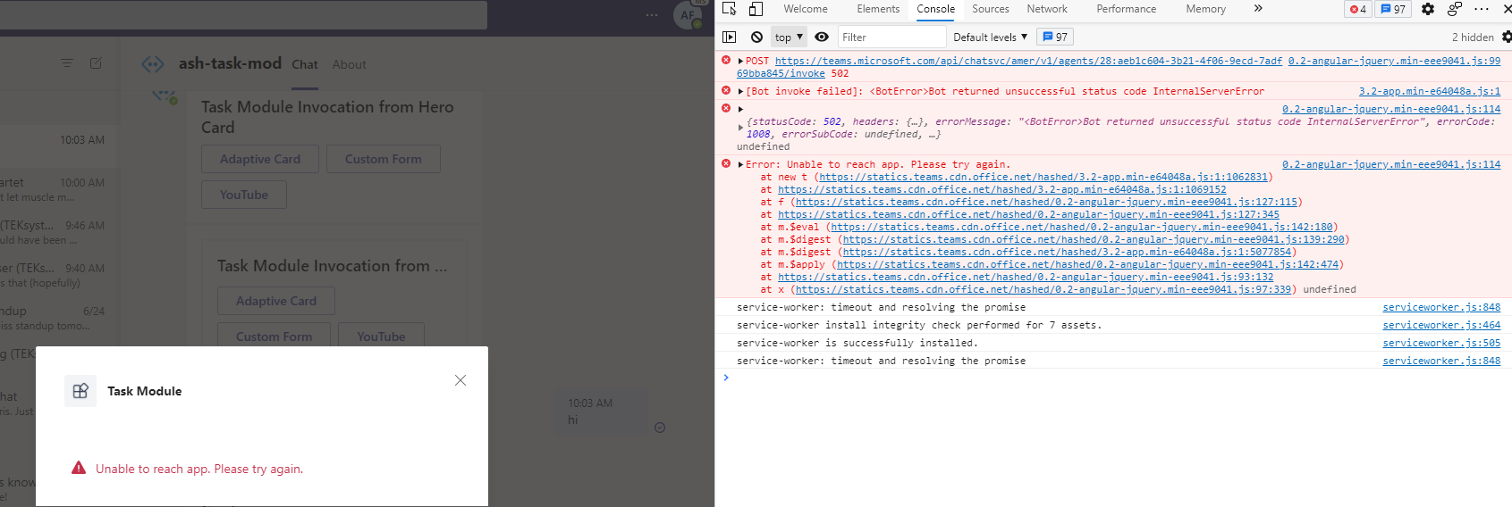 [Bug] - Python - "Unable to reach app. Please try again." with sample 54.teams-task-module ...