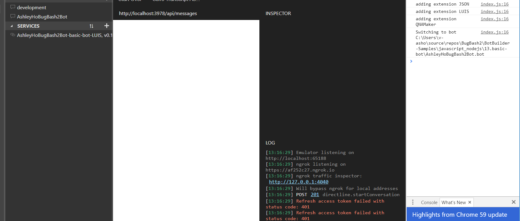 Refresh access token failed with status: 401 when opening .bot created with msbot clone services ...
