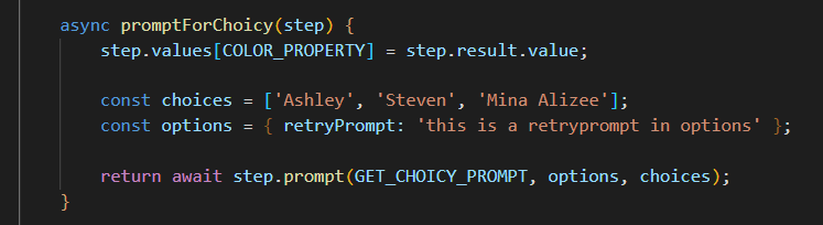 ChoicePrompt does not send choices if PromptOptions are passed in to waterfallStepContext.Prompt ...