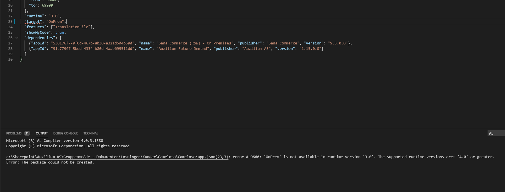 The compilation target is set to 'Internal', you must set to cloud or extension. REF #5435 ...