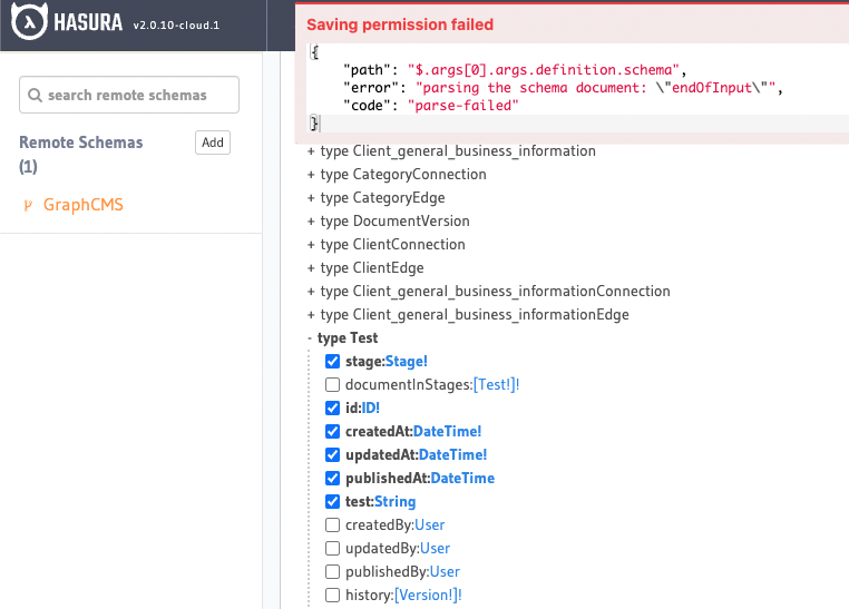 Remote Schema Permissions gives a result of " \"endOfInput\""," · Issue #7782 · hasura/graphql ...