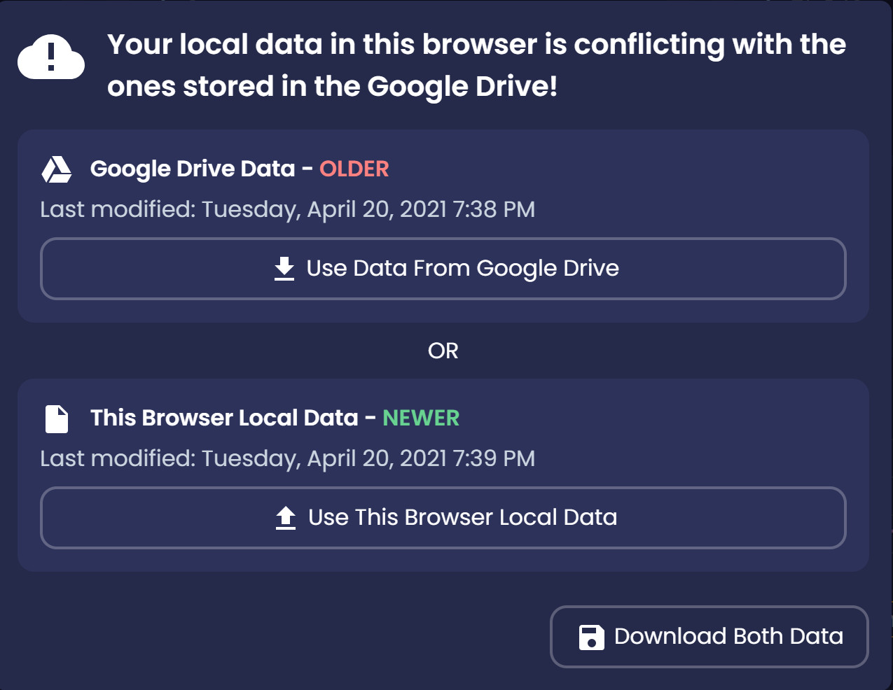 Your local data in this browser is conflicting with the ones stored in the Google Drive! · Issue ...