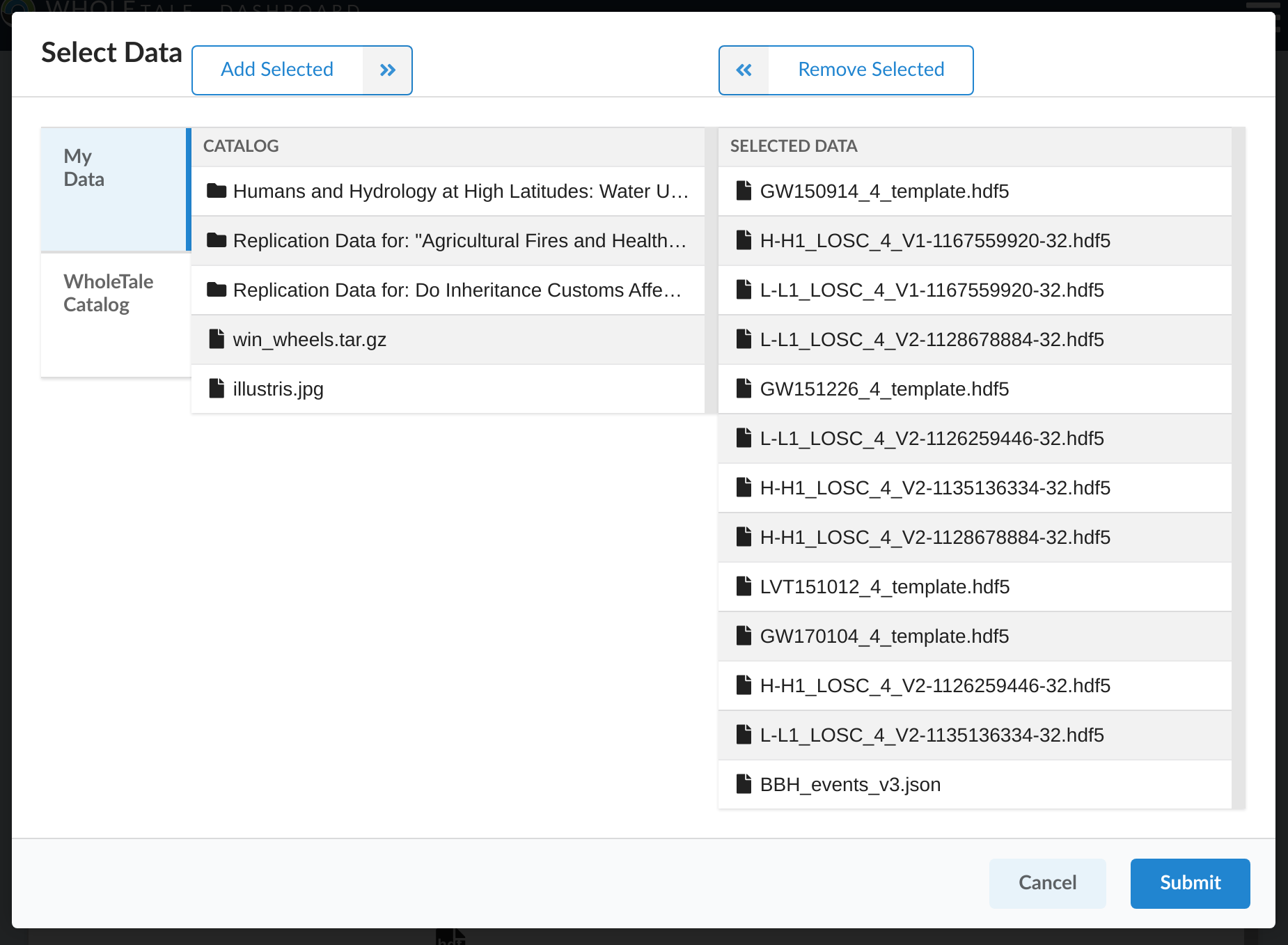 [View > Files > External Data] Add from Catalog modal doesn't display currrent dataSet · Issue ...