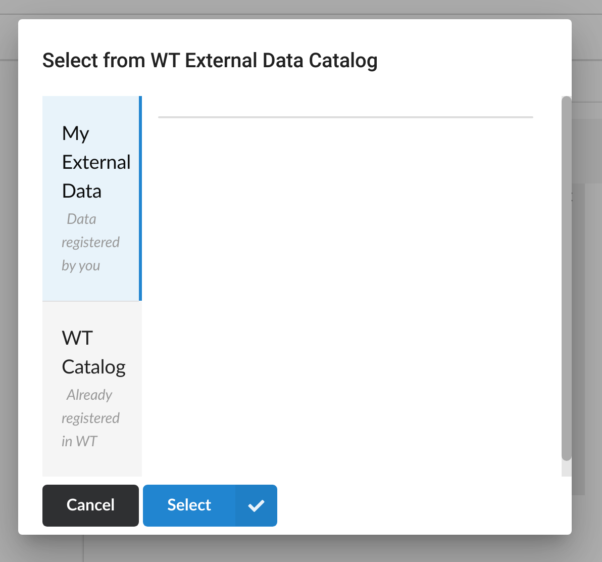 [View > Files > External Data] Add from Catalog modal doesn't display currrent dataSet · Issue ...