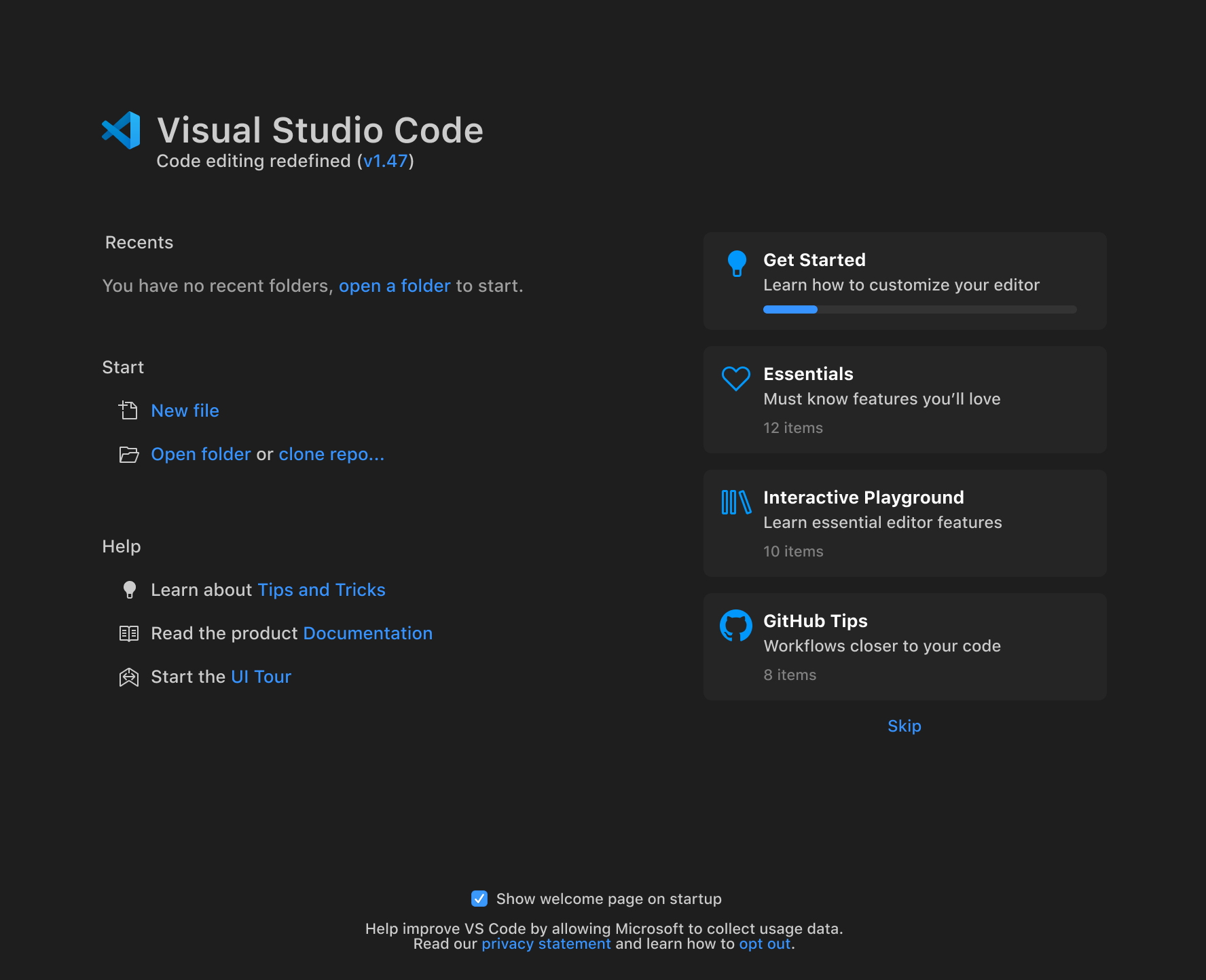 "Skip" in Getting Started should reset startup editor · Issue #114964 ...