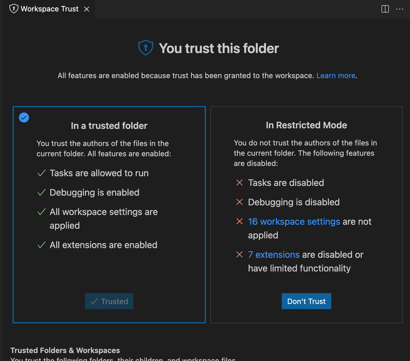 Investigate making current status (selected box in workspace trust ...