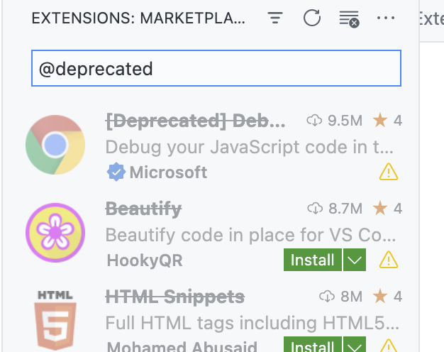 Confusing view for deprecated extensions · Issue #152997 · microsoft/vscode · GitHub