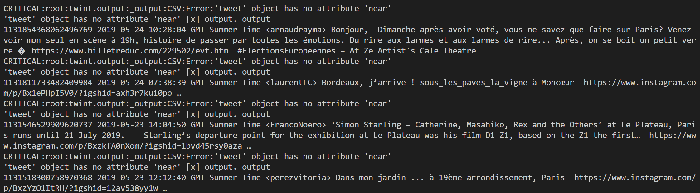 CRITICAL:root:twint.output:_output:CSV:Error:'tweet' object has no attribute 'near' · Issue #445 ...