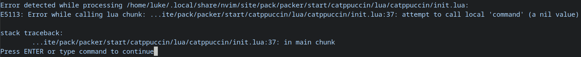 Error While Calling Lua Chunk Itepackpackerstartcatppuccinluacatppuccininitlua37