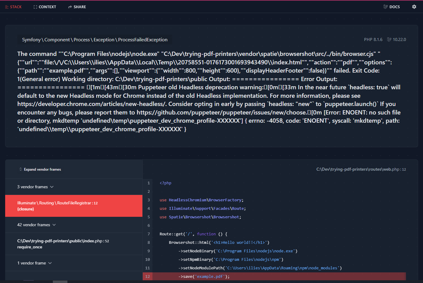 Unable to use it in Laravel running on Windows · spatie browsershot · Discussion #771 · GitHub