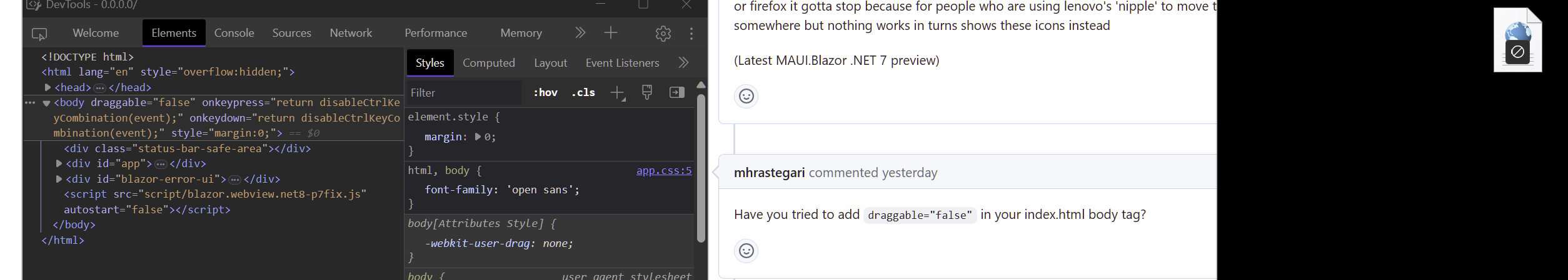 Dragging random stuffs inside webview shows weird looking icon · Issue #15969 · dotnet/maui · GitHub