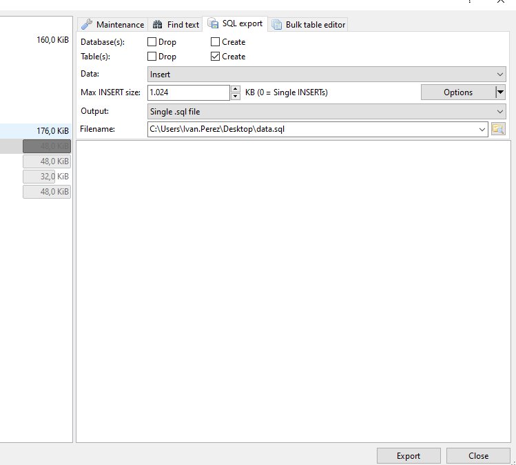 When exporting a database to a file (with default settings and a ...