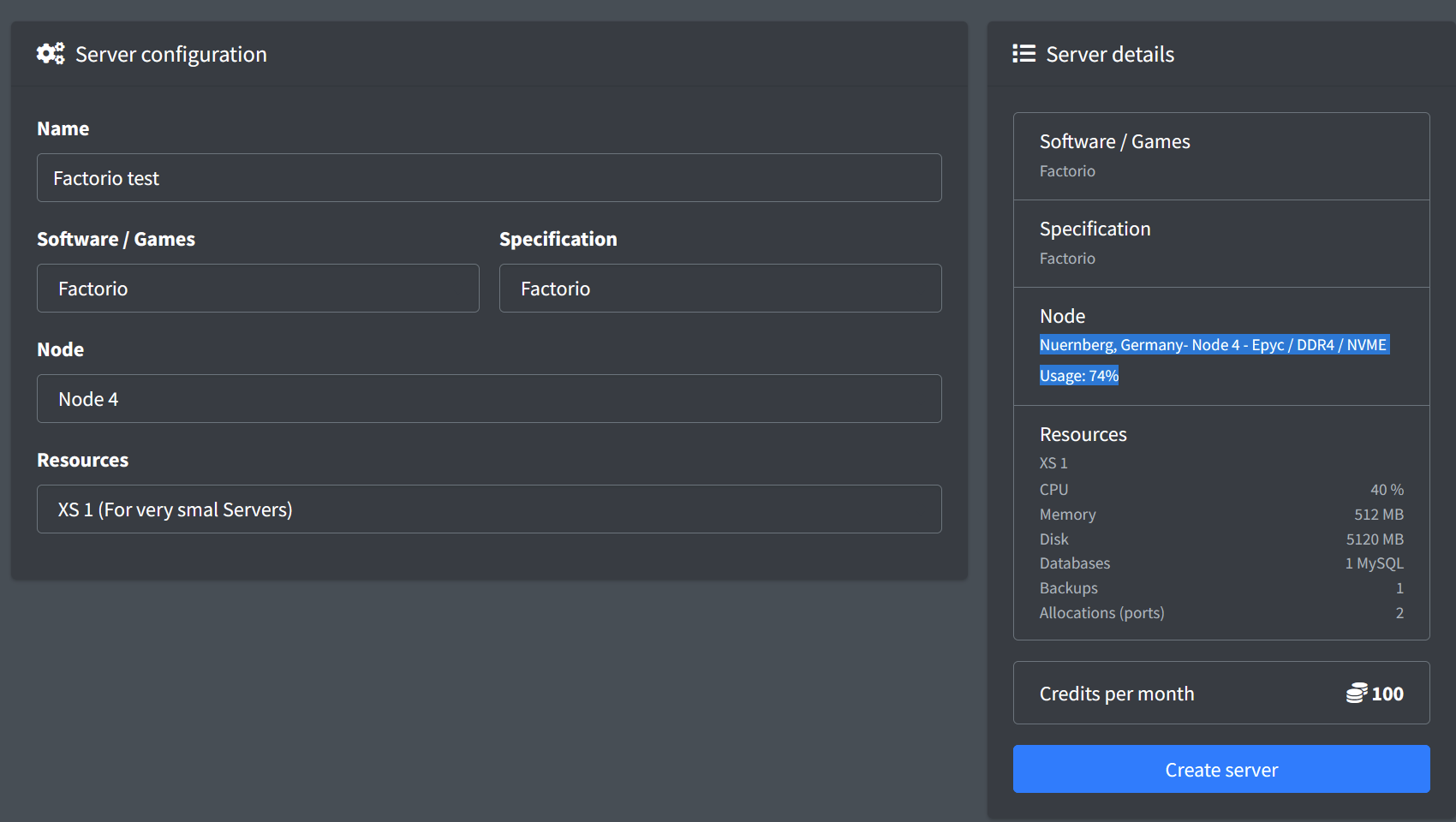 Show hardware or usage of selected node on server creation page ...