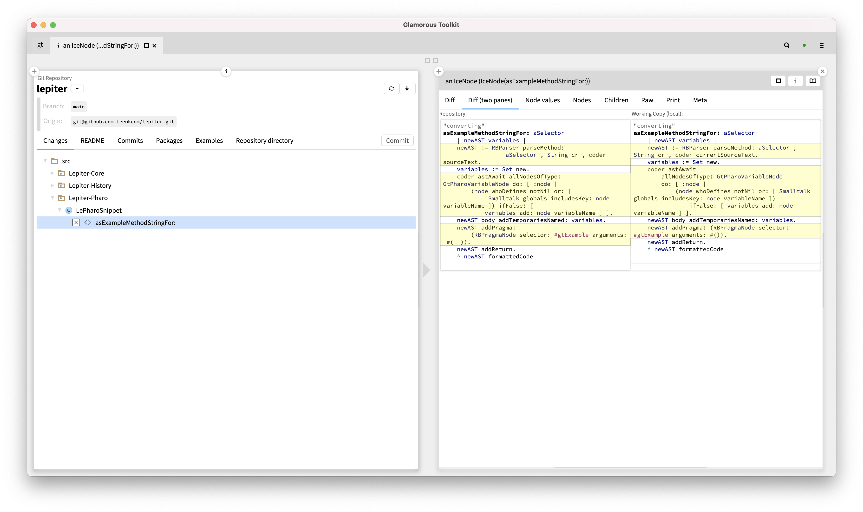 Add a diff using two panes for changes in the git tool · Issue #2811 · feenkcom/gtoolkit · GitHub