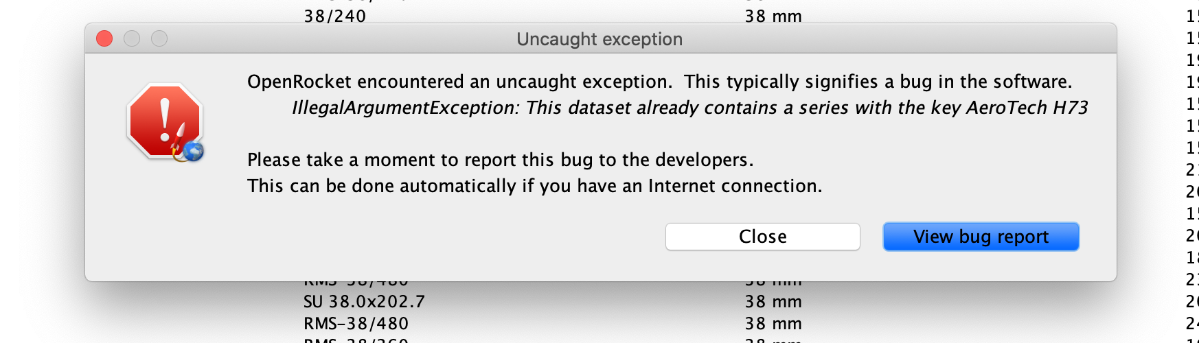 Clicking on Thrust curve graph in "Show details" pane of Motor selection panel gives scary ...