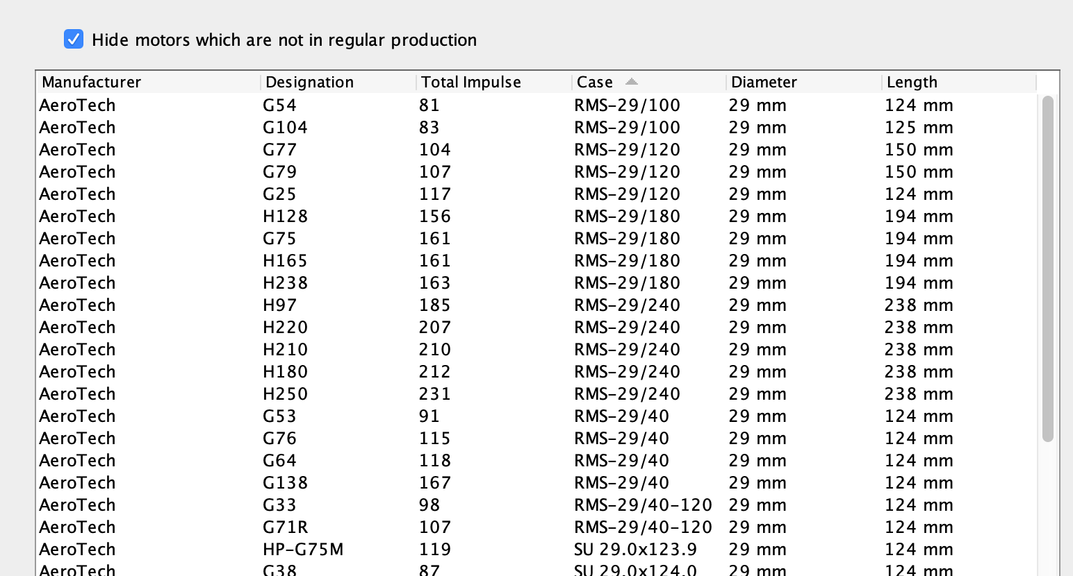 If "Hide motors...not in...production" checked upon starting OpenRocket, they are not filtered ...