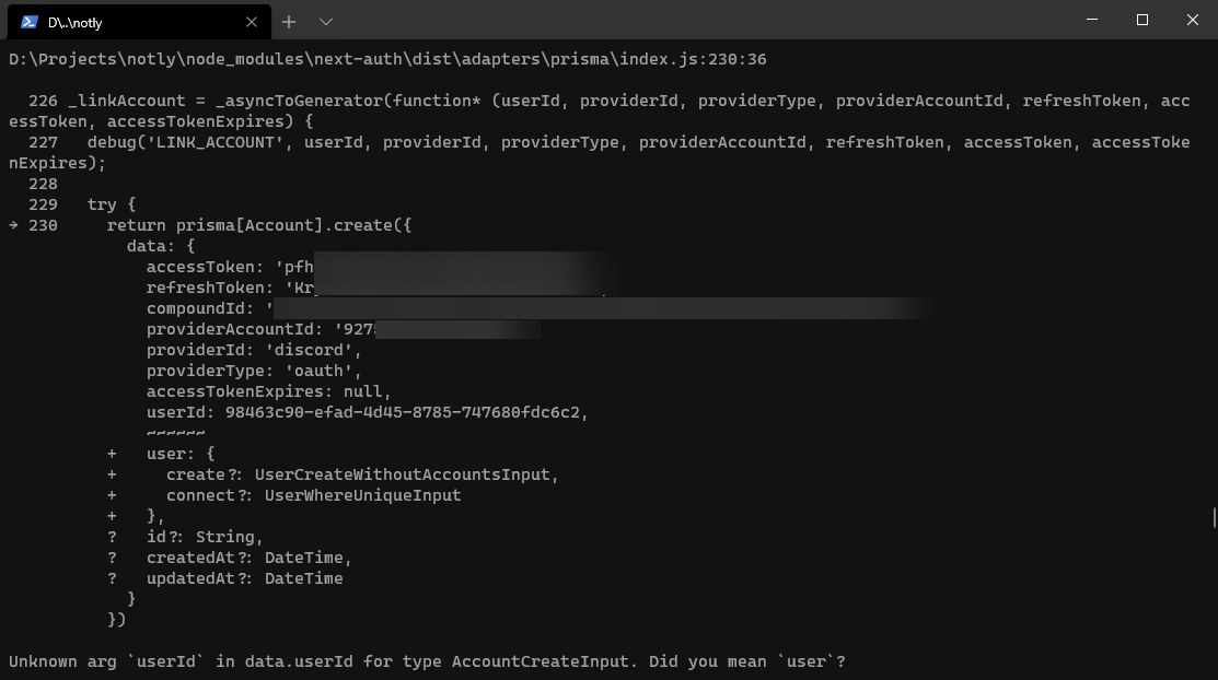 Prisma adapter not creating Session and Account correctly due to wrong prisma.create() syntax ...