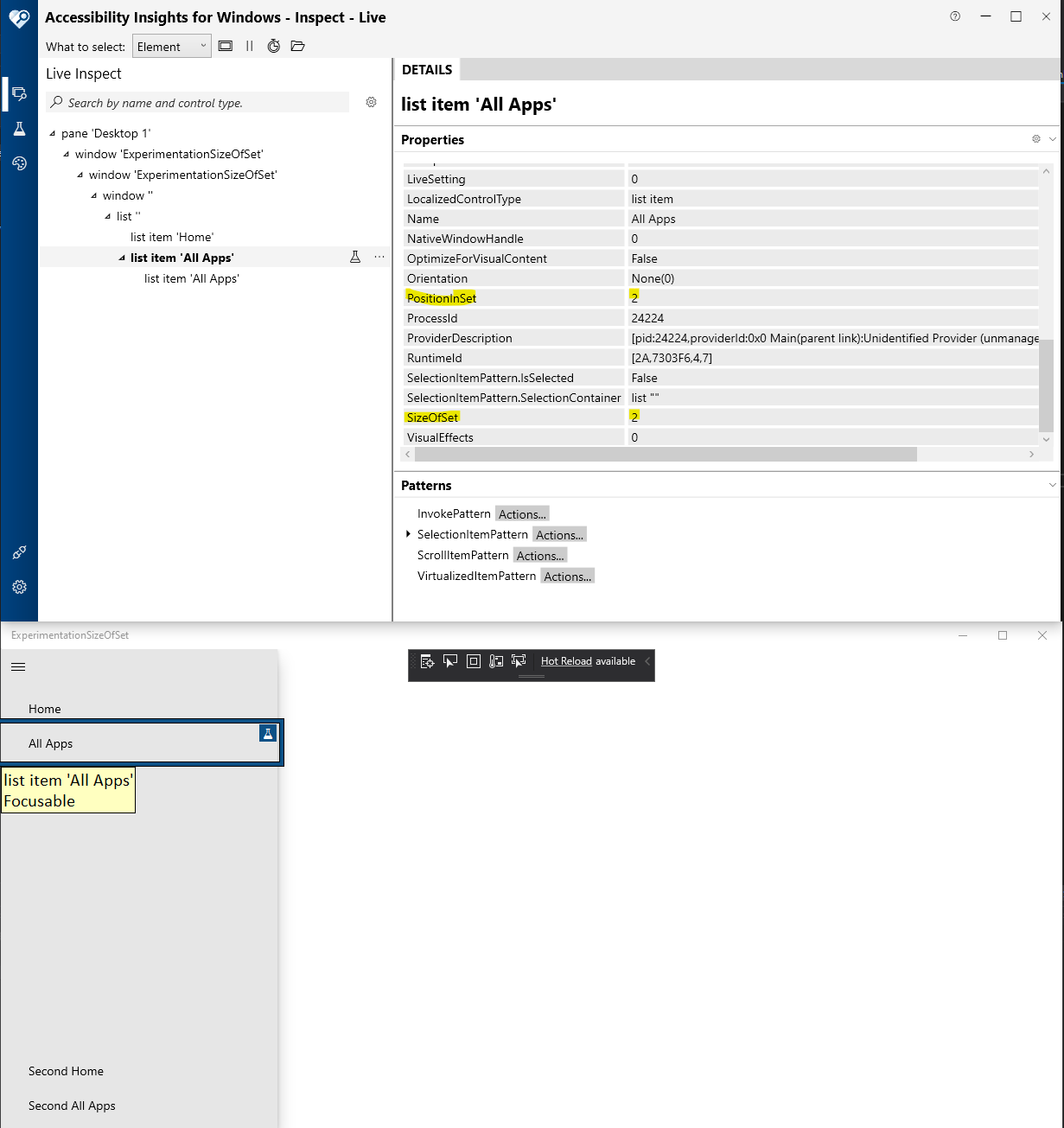 SizeOfSet and PositionInSet are not set for a NavigationViewList in NavigationView.PaneFooter ...