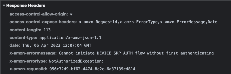 NotAuthorizedException : Cannot initiate DEVICE_SRP_AUTH flow without first authenticating ...