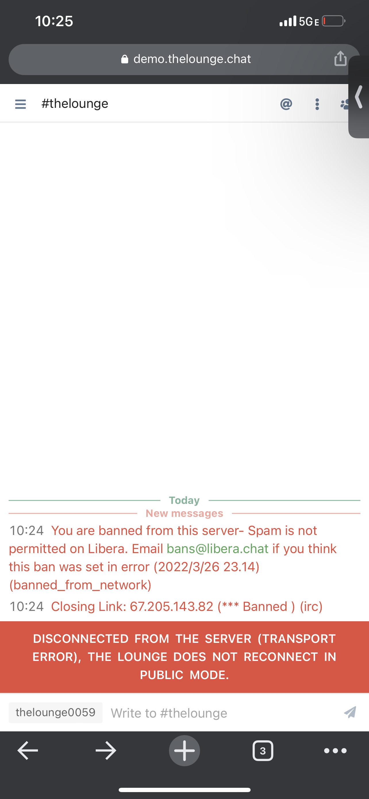 Banned by Libera.chat immediately upon connecting to server preconfigured in live demo · Issue ...
