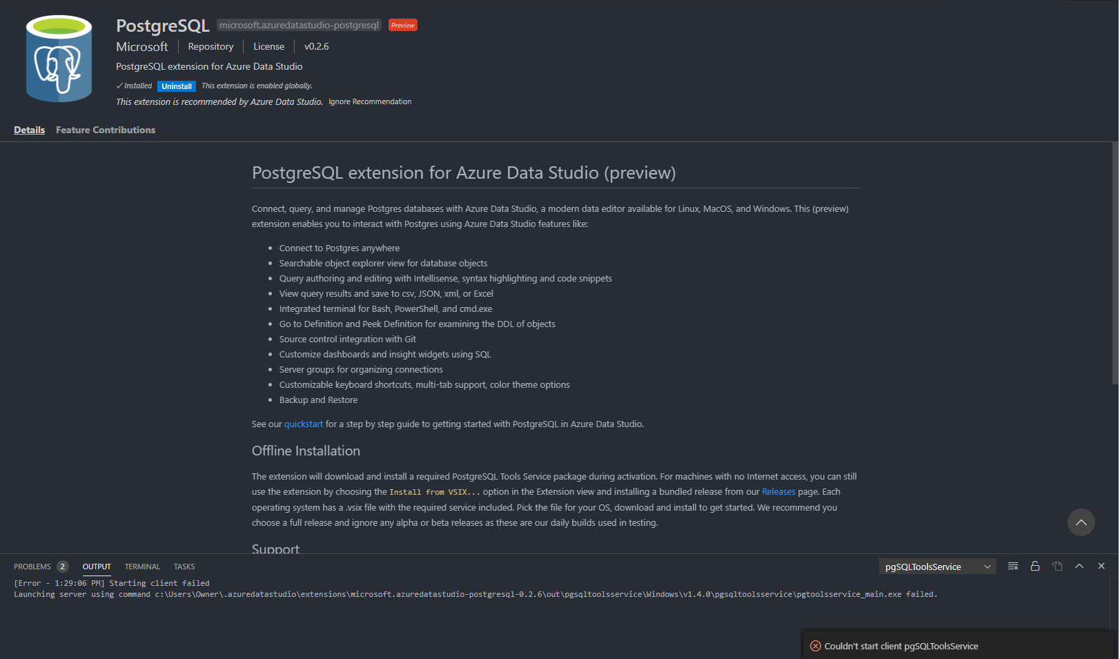 Unable to start extension · Issue #231 · microsoft/azuredatastudio-postgresql · GitHub