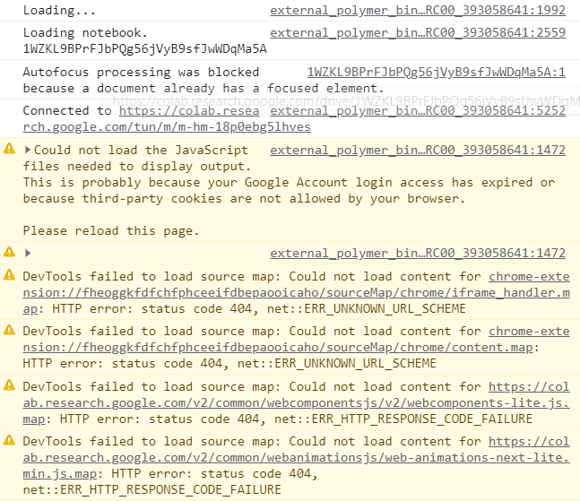 Google Collab - Error “Could not load the JavaScript files needed to ...