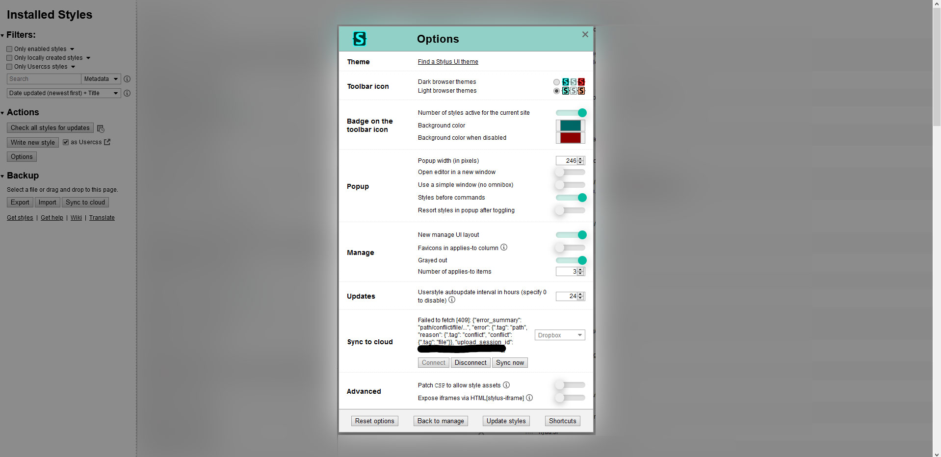 Sync to cloud (Dropbox): "failed to fetch [409]" error · Issue #1201 · openstyles/stylus · GitHub