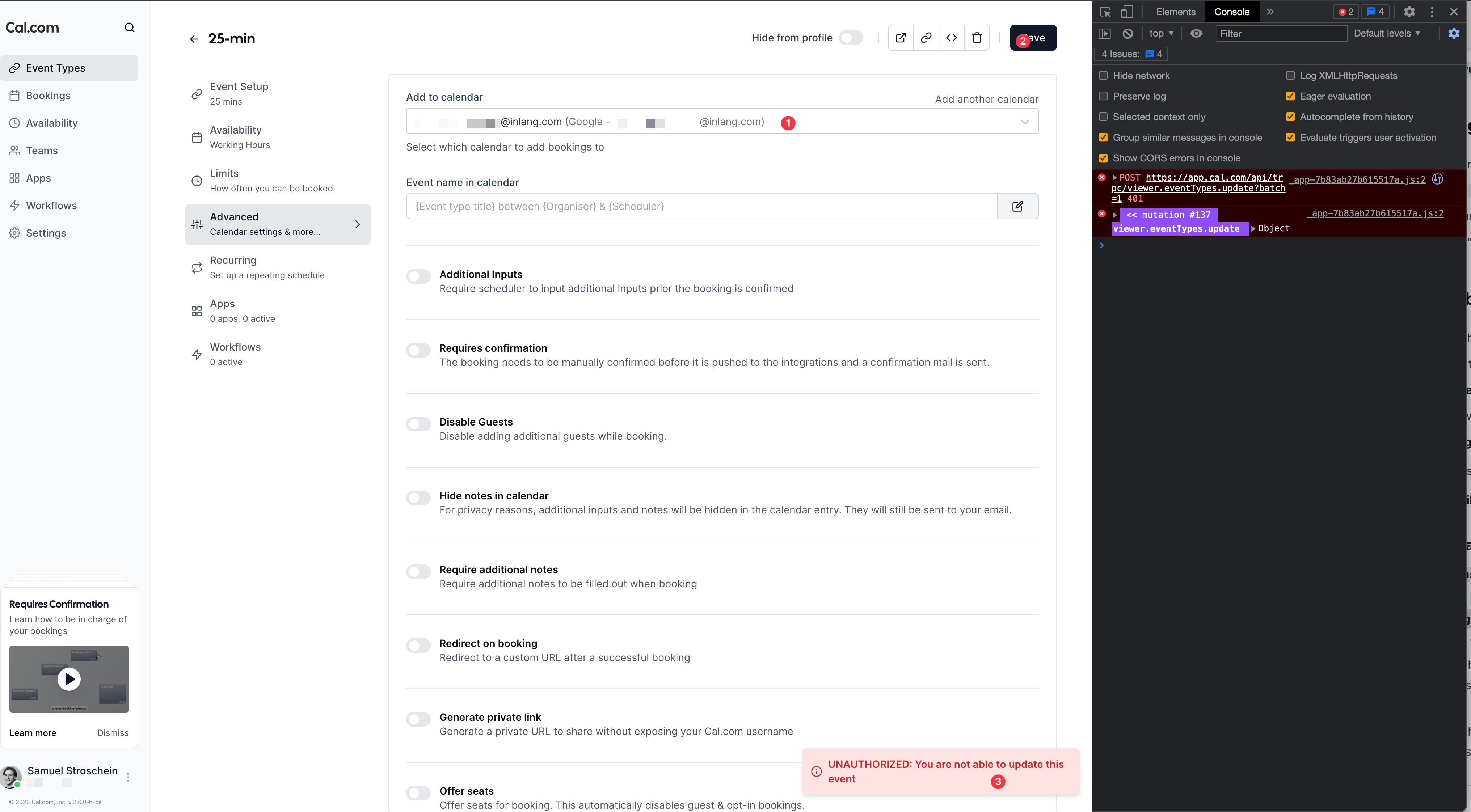 changing "add to calendar" in "advanced" event settings leads to a UNAUTHORIZED error · Issue ...