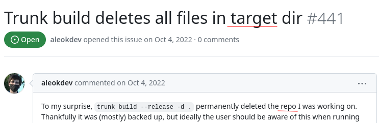 Trunk Build Deletes All Files In Path Given Without Asking · Issue 441 