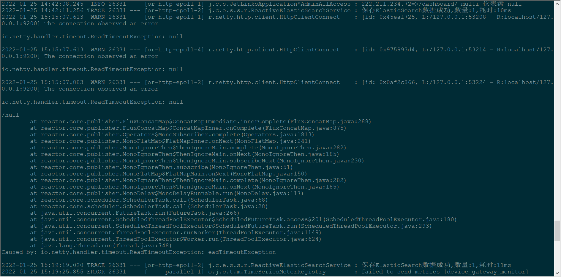 运行一段时间，后端服务就会崩了，ReadTimeoutException · Issue #141 · jetlinks/jetlinks-community · GitHub